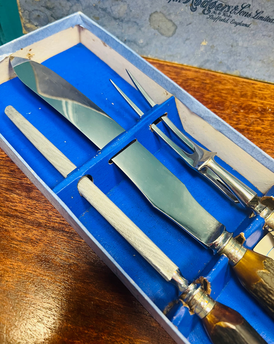 Set cerfio Hynafol Stainless Steel a charnau cyrn yn eu bocs gwreiddio ...